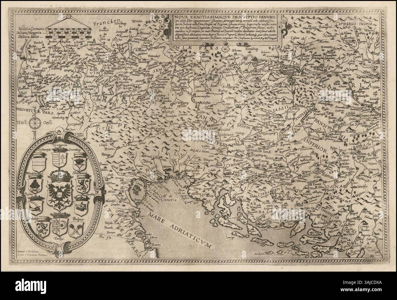 The 1593 map by Cornelis de Jode illustrates the Danube River, with ...