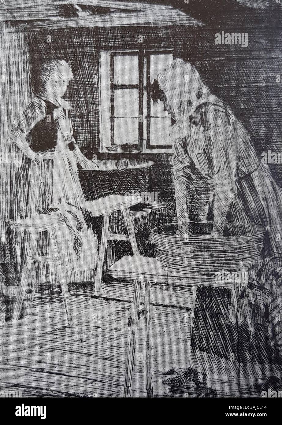 A 20th-century etching by Knut Ander titled 'Tvättstugan' (The Laundry ...