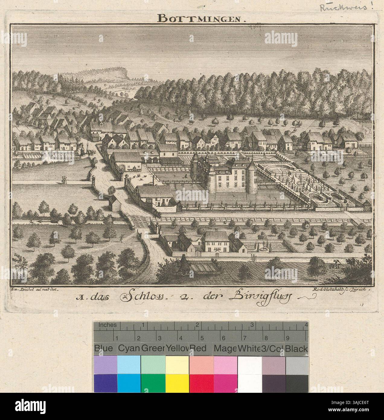 A 1749 etching by Emanuel Büchel, showing the landscape of Bottmingen ...