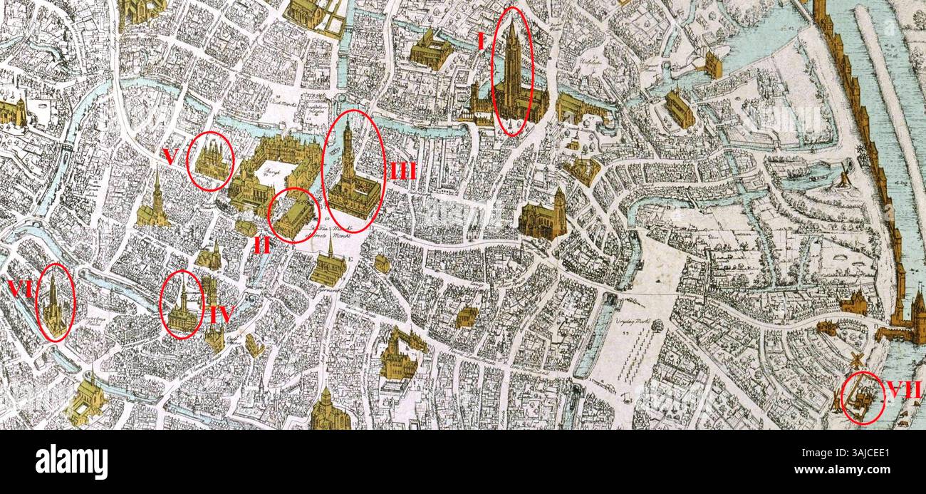 This map from Marcus Gheeraerts shows the Seven Wonders of Bruges, with ...