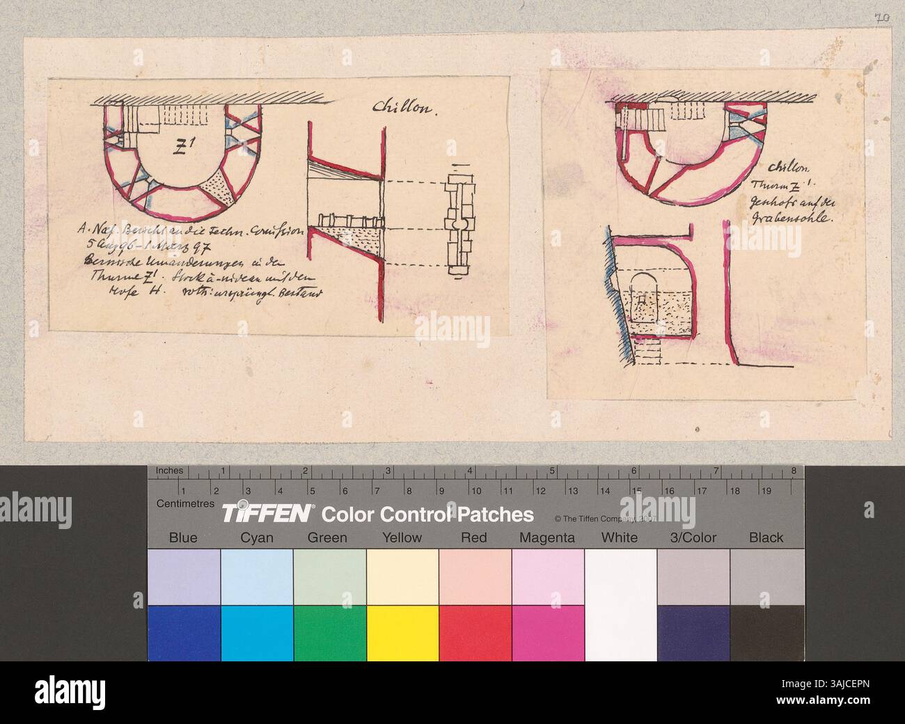 This artwork illustrates the floor plans and sections of the tower and ...