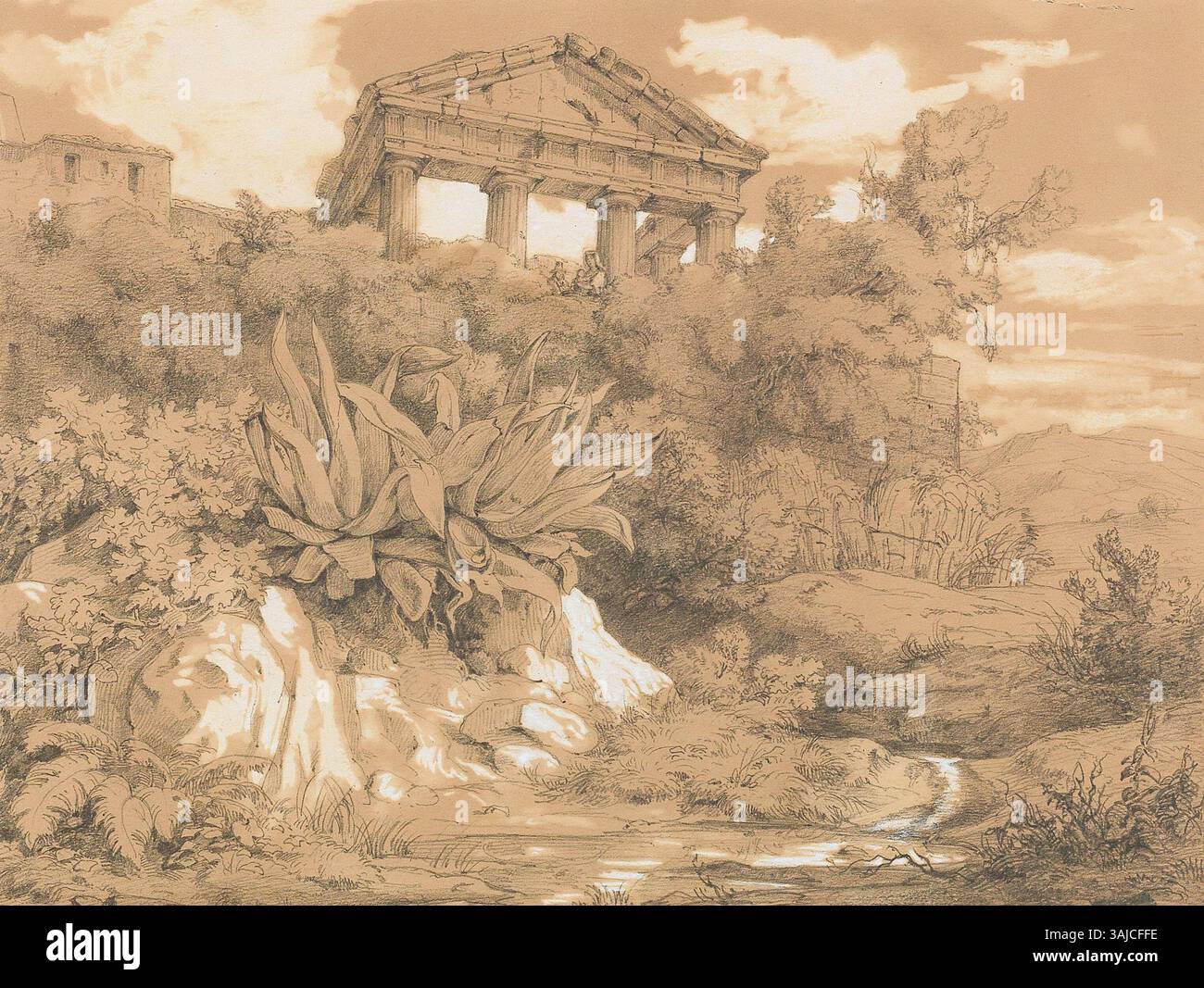 Landscape with a temple ruin, pencil drawing with white highlights on ...