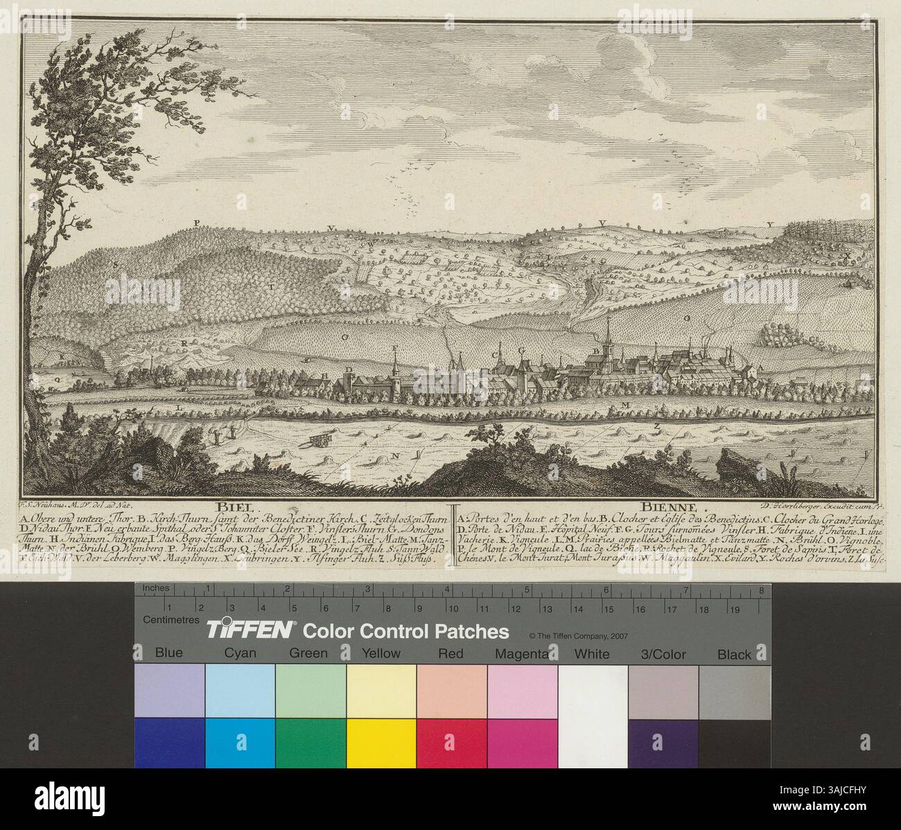 View of Biel (Bienne) from 1757, showing the town's layout in a ...