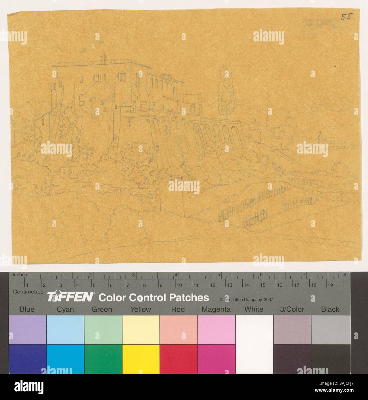 This illustration depicts a building with a fortification structure ...