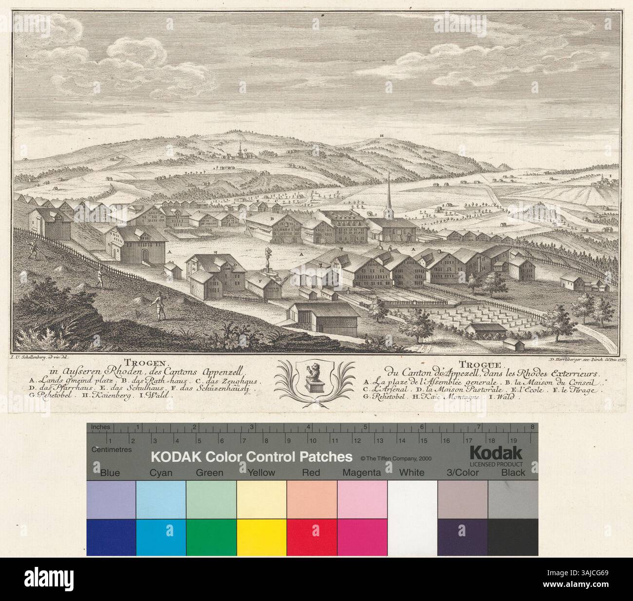 This etching by Johann Ulrich Schellenberg, published in 1757, depicts ...