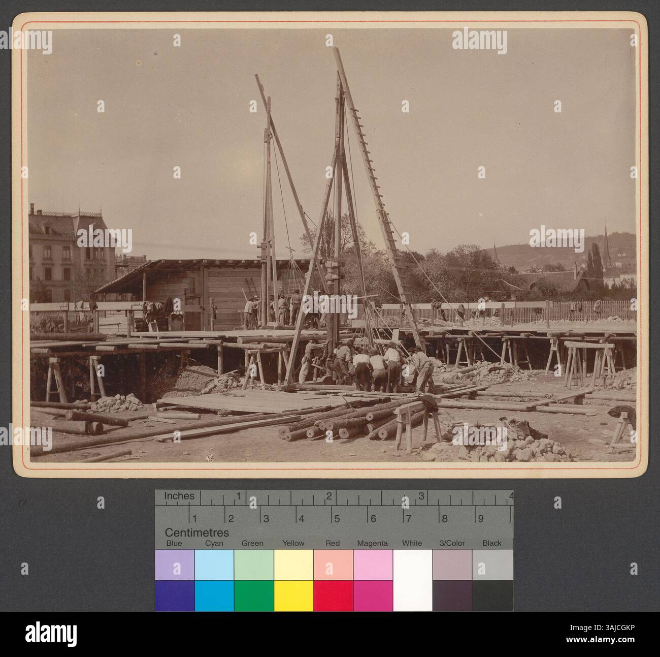This 1890 image depicts large percussion machinery at the construction ...