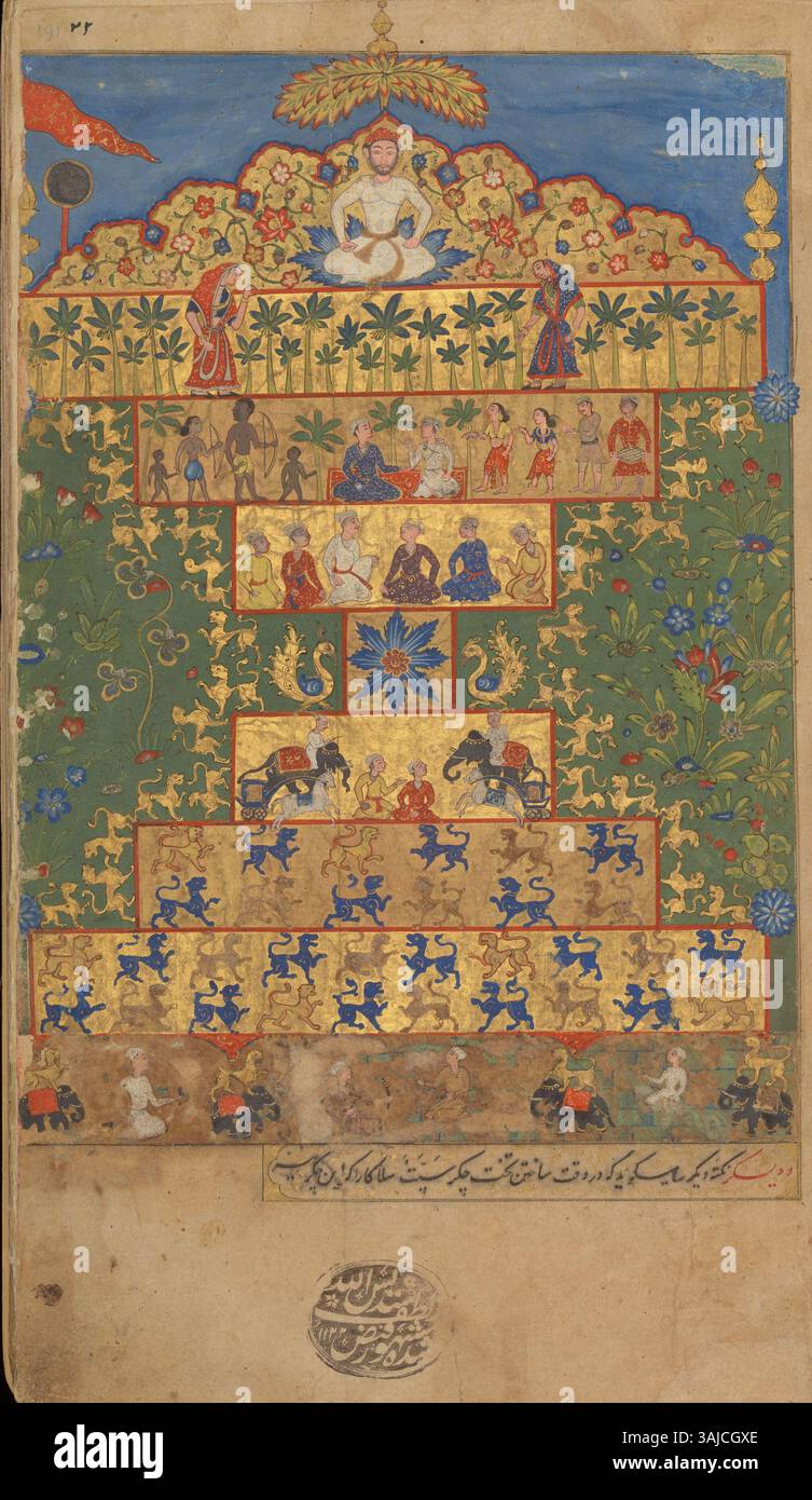 A depiction of a ruler on a seven-storied throne, from the 1570 ...