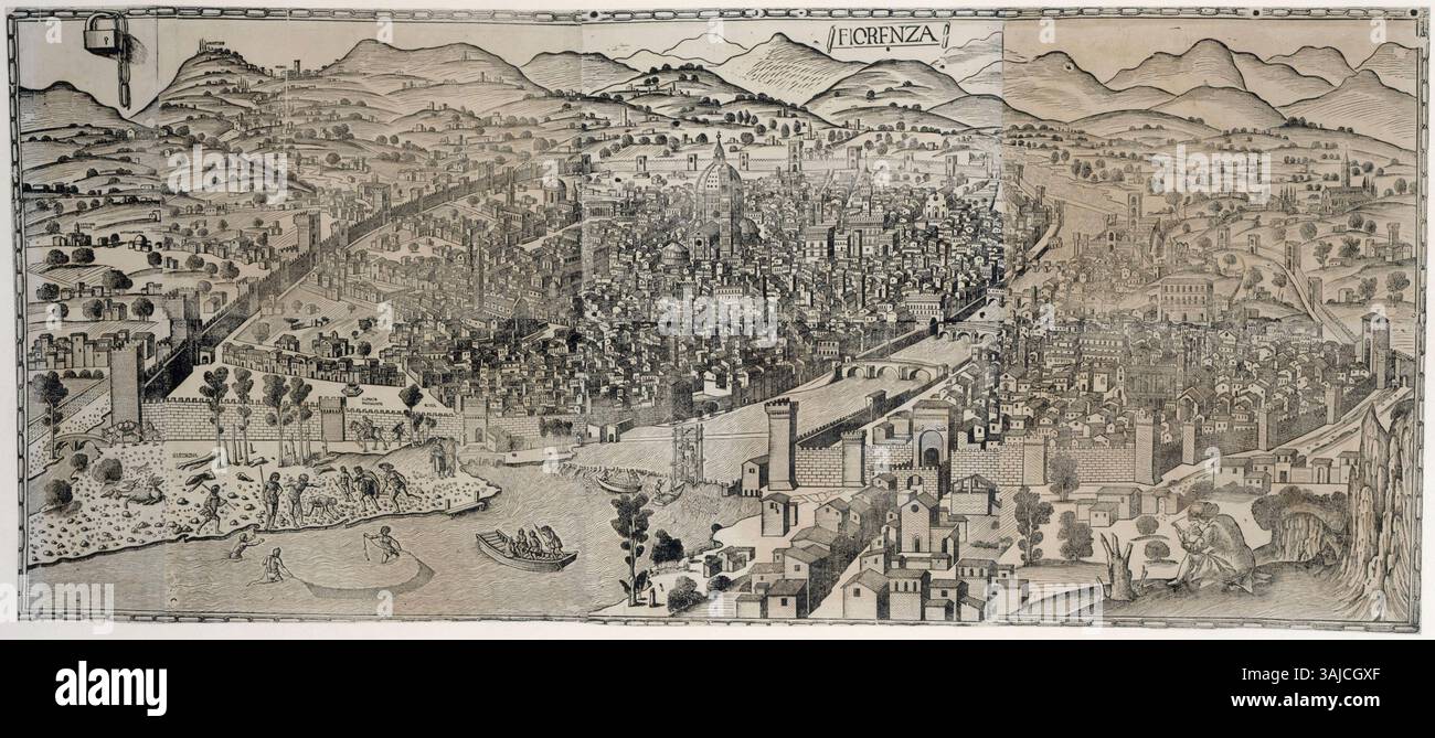 A woodcut print by Lucantonio degli Uberti, depicting a large view of ...