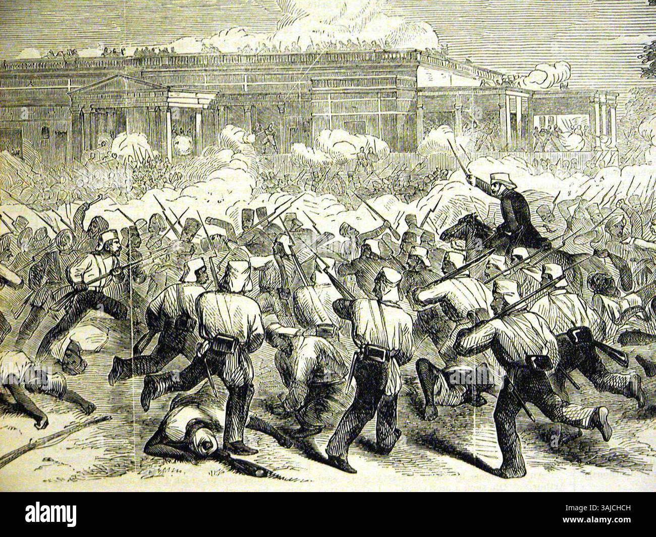 This illustration from 'Harper's Weekly' (1857) depicts a battle at Allahabad during the Indian ...