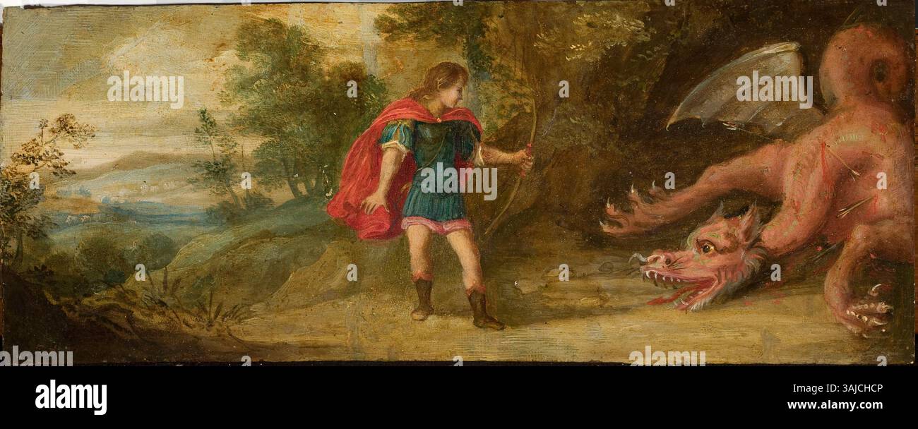 An oil on canvas painting from circa 1625, titled 'Apollo Killing Python,' based on Ovid's ...