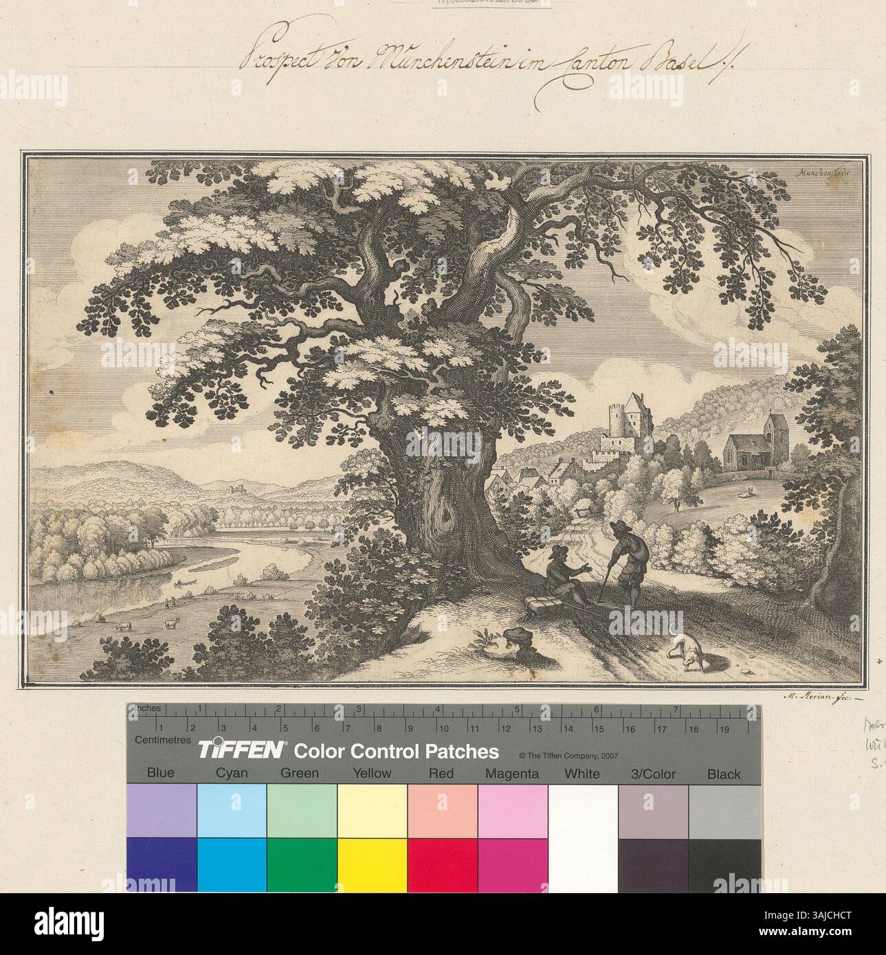 A 1624 etching by Matthäus Merian depicting a view of Münchenstein ...