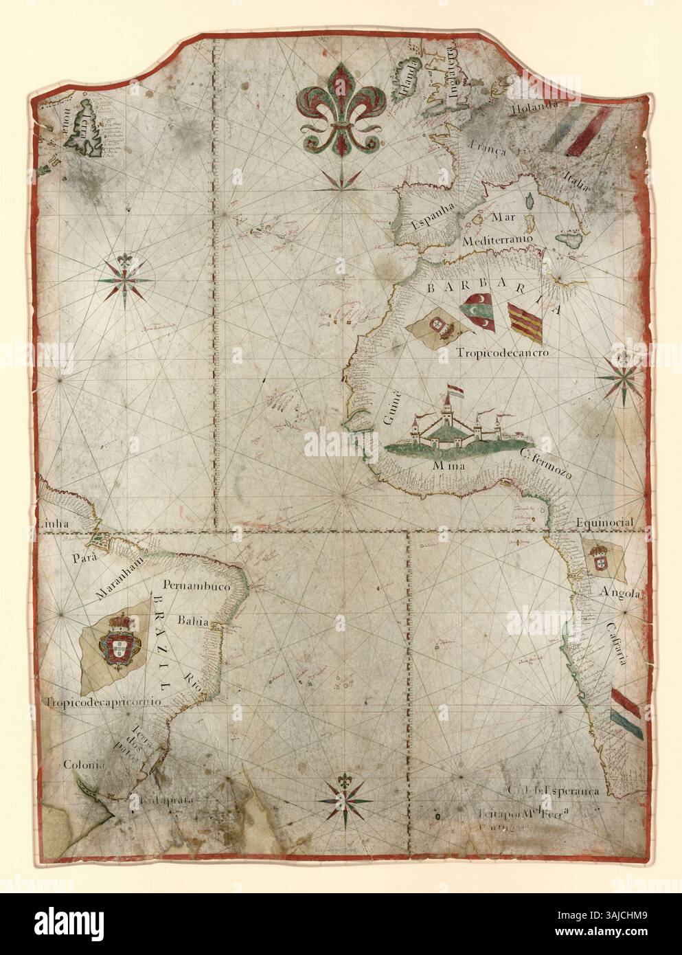 Nautical chart by Manoel Ferreira, circa 1760, depicting the Atlantic ...