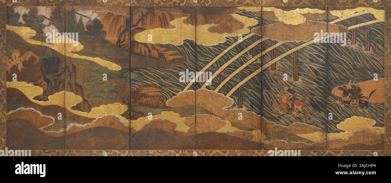 This 17th-century Japanese byobu (folding screen) depicts the Battle of ...