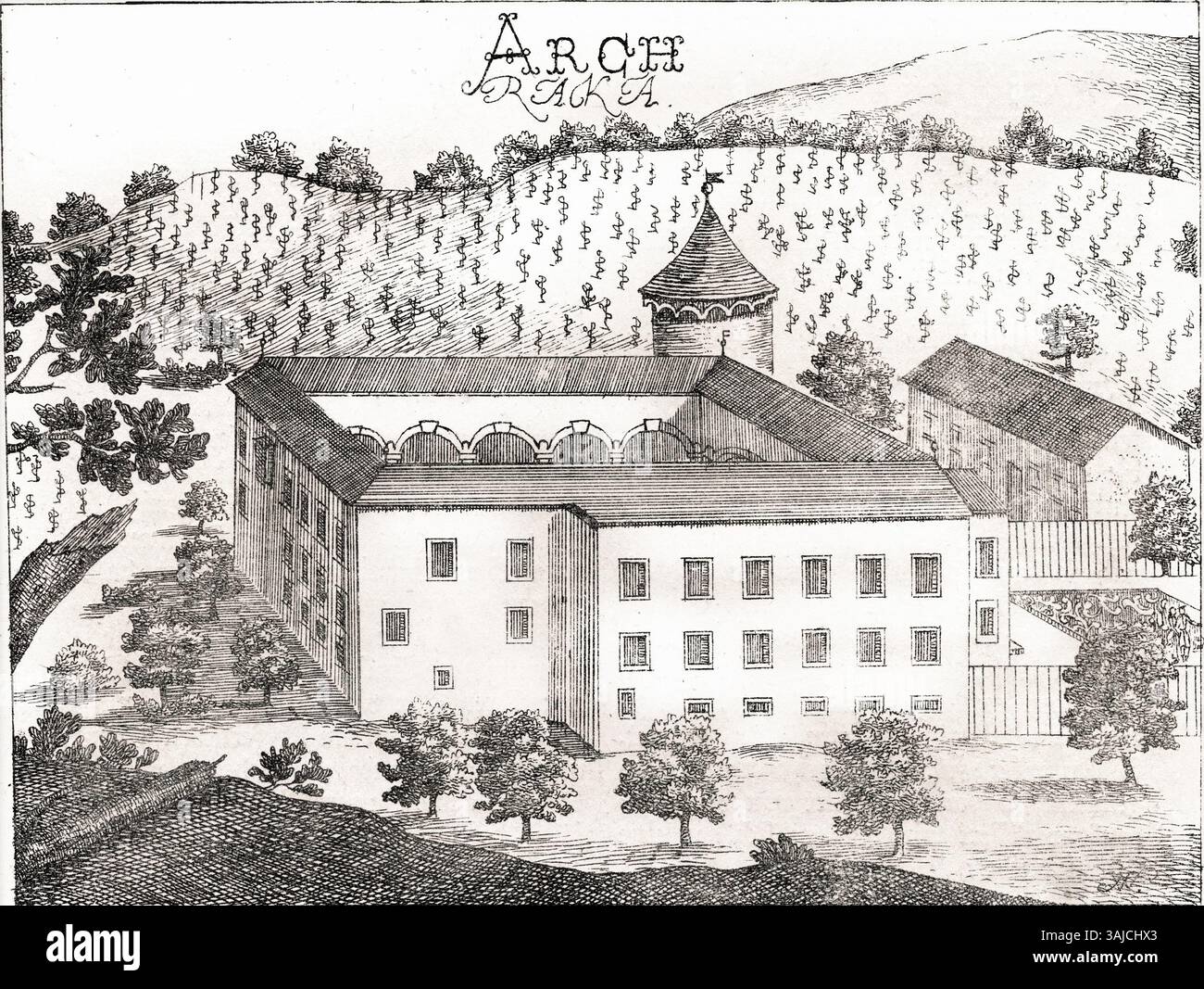 Johann Weikhard von Valvasor’s 1679 work illustrates Dvorec Raka, a ...