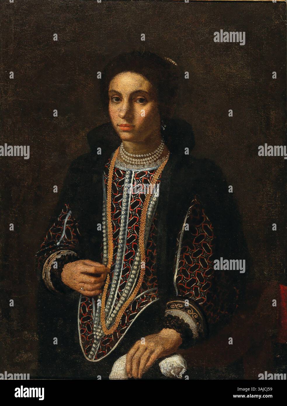 This 16th-century Italian portrait depicts a lady in vibrant, colorful attire. The oil on canvas ...