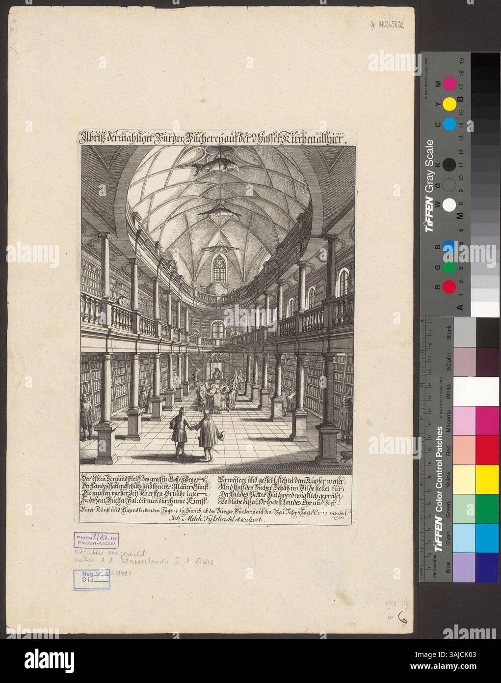 The etching shows the interior of the newly renovated city library in ...
