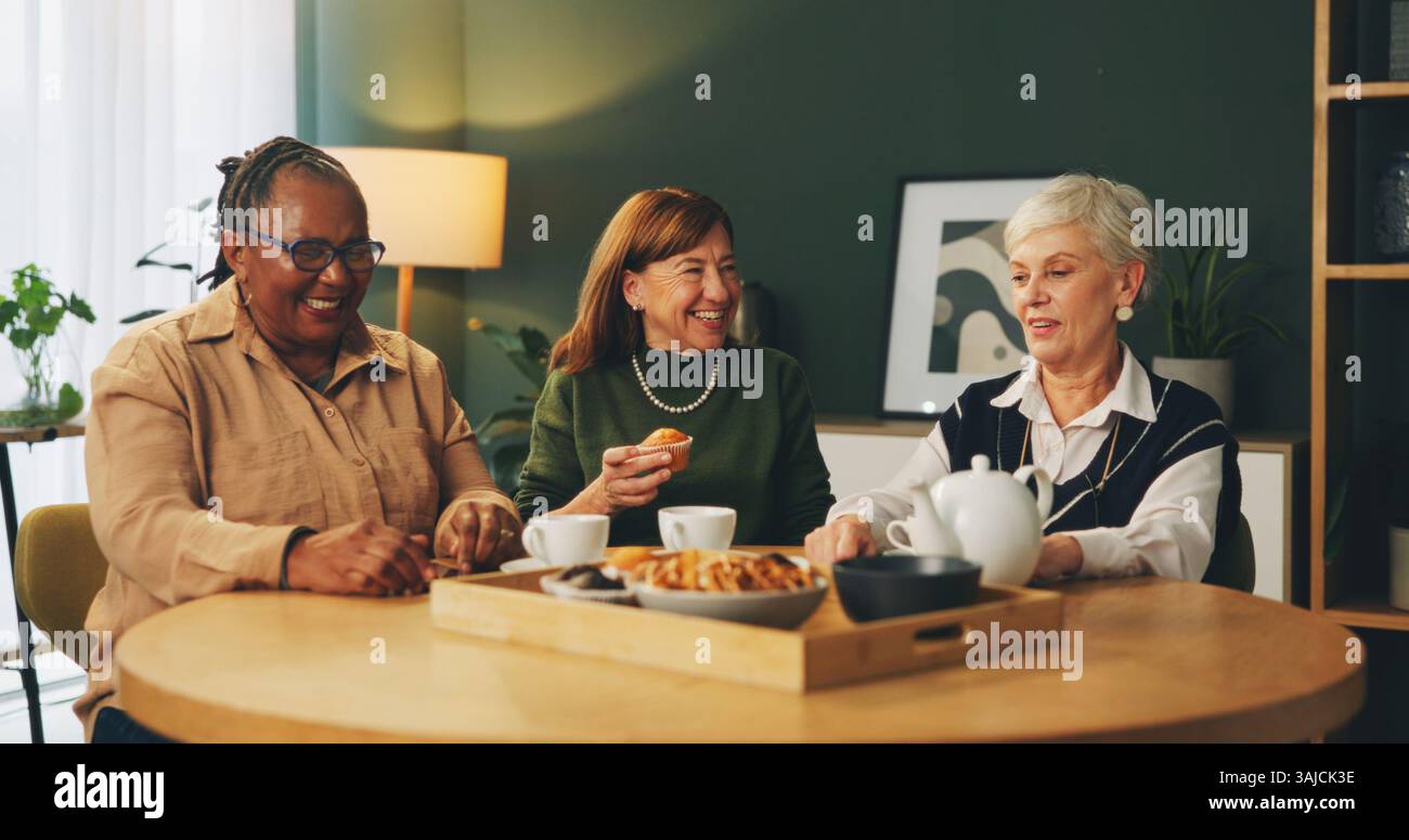 Elderly, women and happy with eating in home with conversation, bonding ...