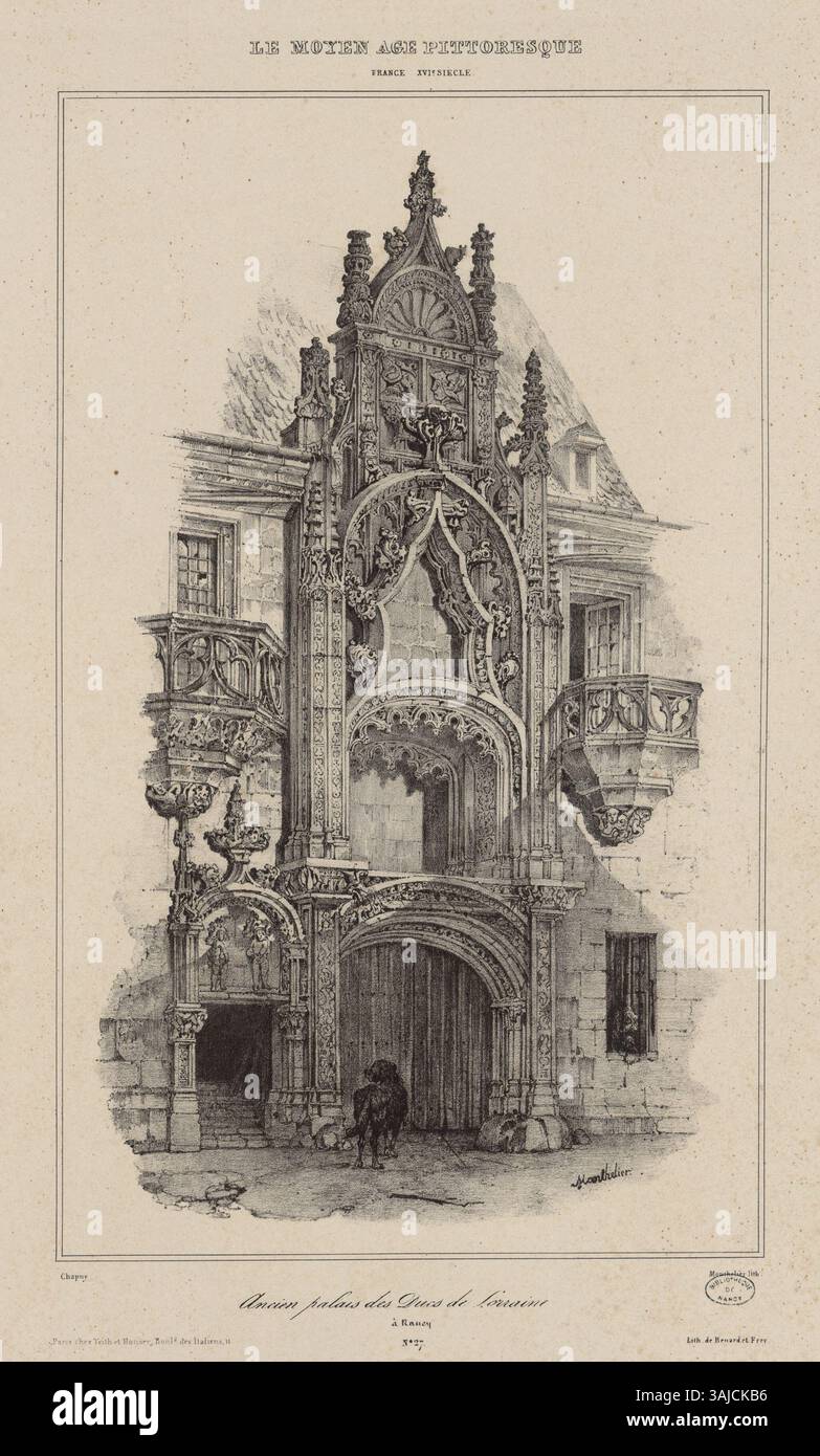 A print from 1837 depicting the Old Palace of the Dukes of Lorraine in ...