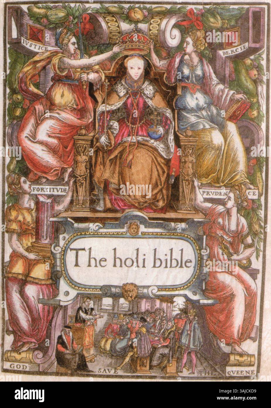 The 1569 coloured title page from the Bishops' Bible, featuring Queen ...