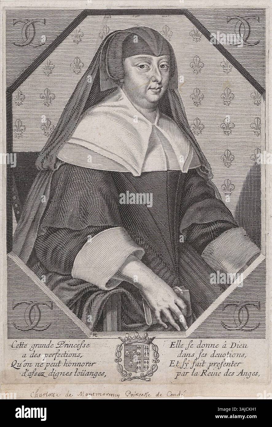 Engraving by Michel Lasne depicting Charlotte Marguerite de Montmorency, princess of Condé, in ...