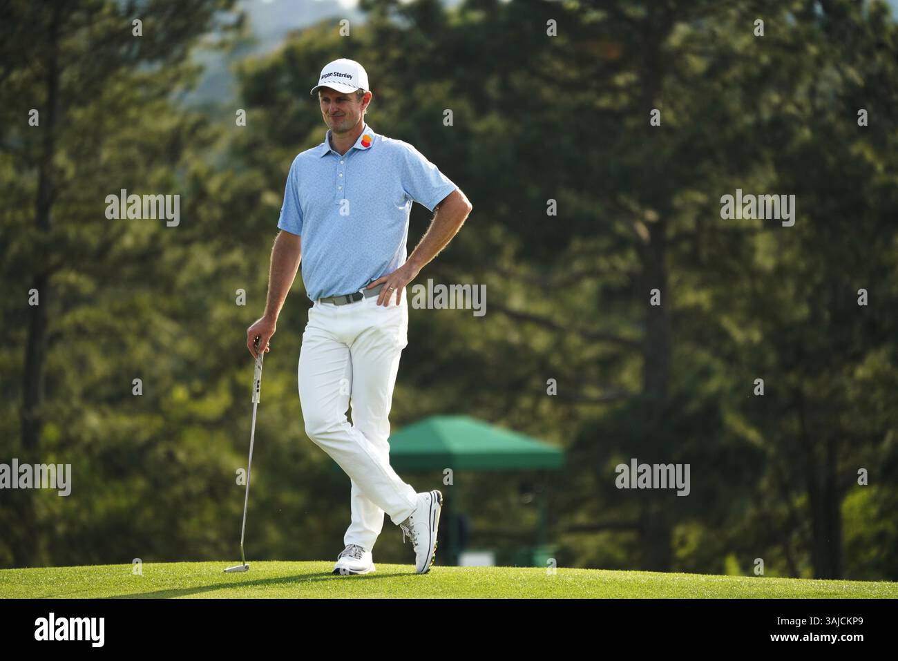 Augusta, USA. 10th Apr, 2025. Justin Rose of England reacts during ...