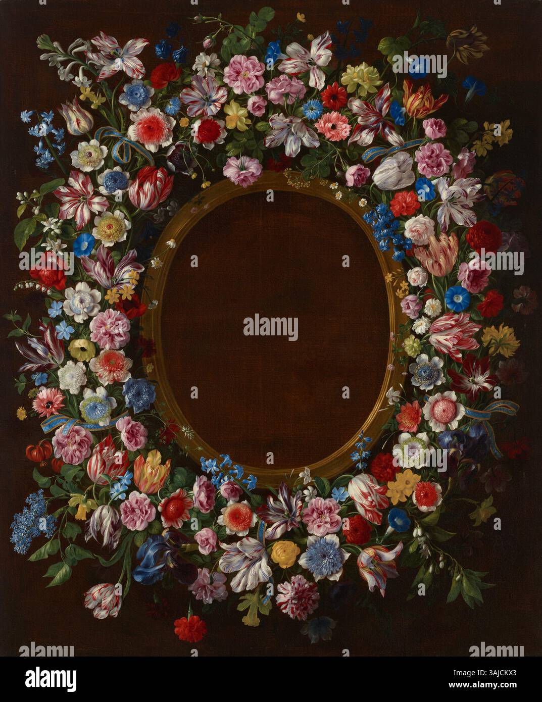 This painting by Giovanni Stanchi depicts a garland of various flowers ...
