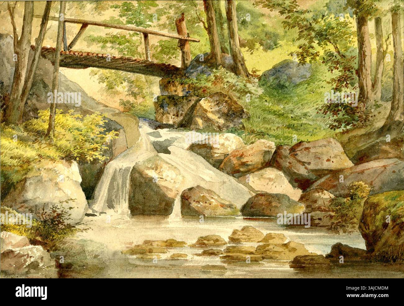 A 1878 watercolor painting by Édouard van Marcke depicting a waterfall ...