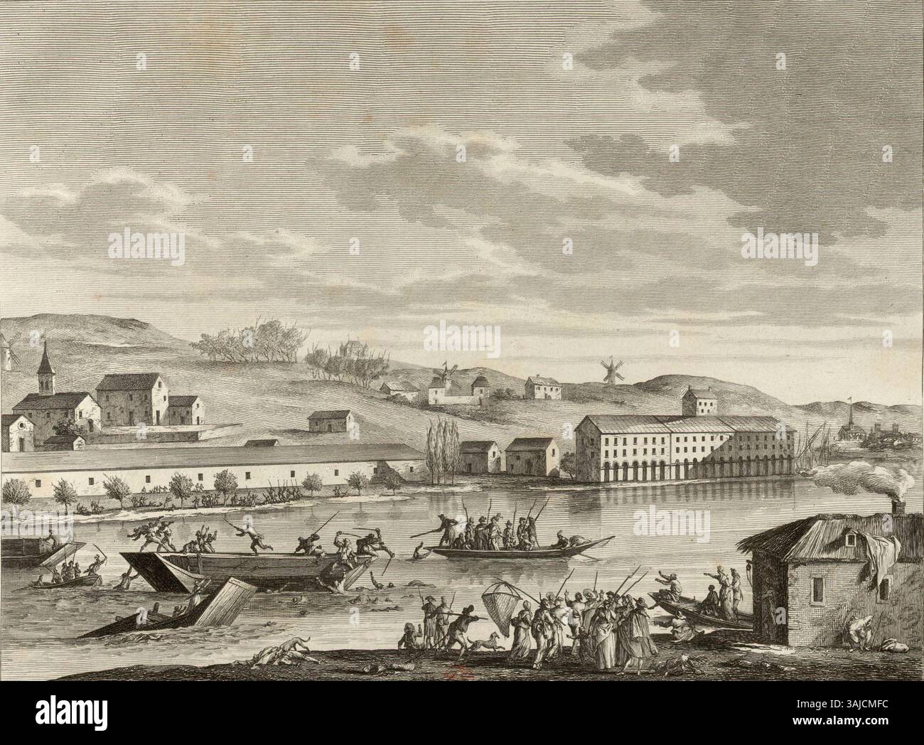 Engraving of the Noyades de Nantes, depicting the mass drowning of ...