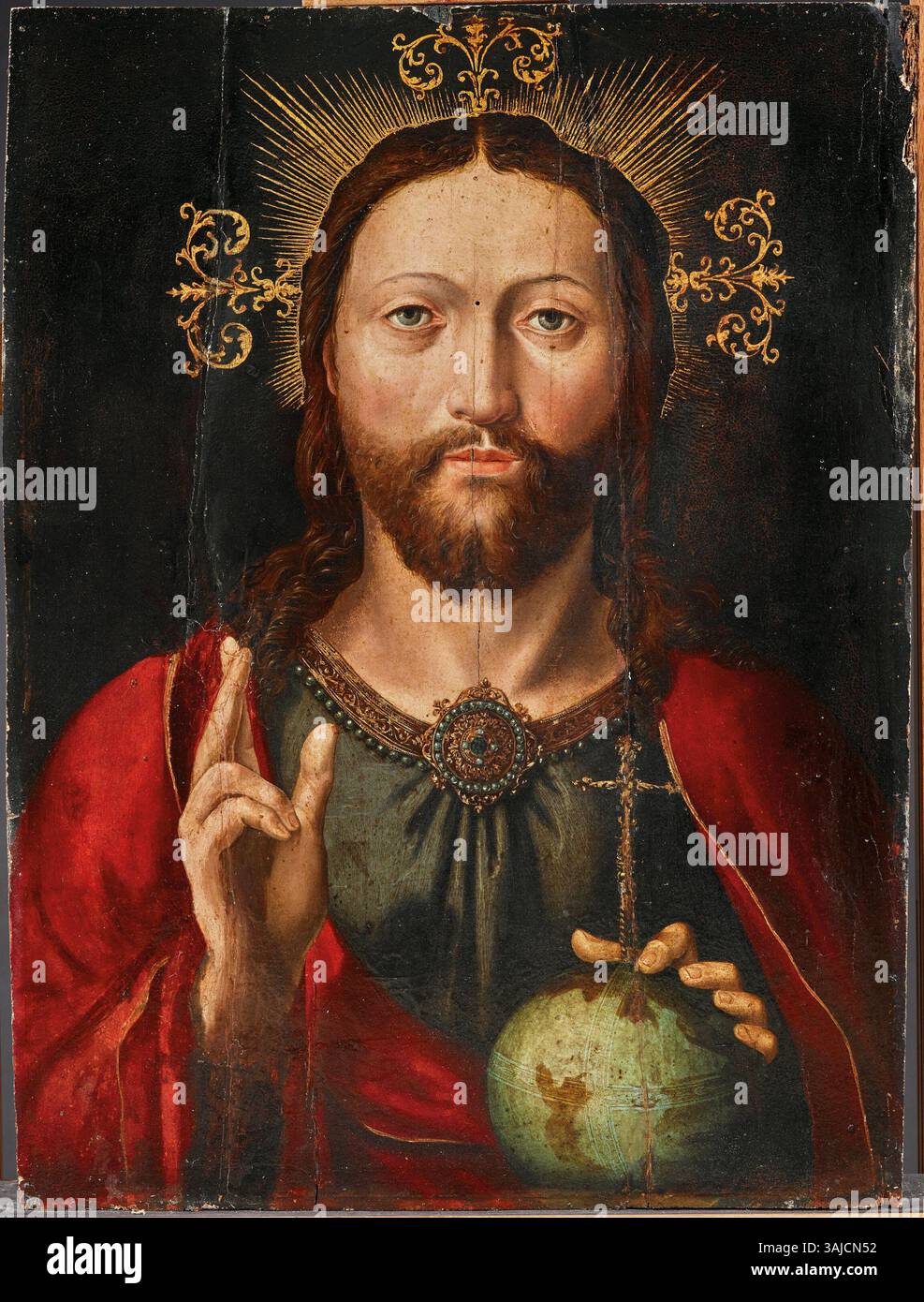 Salvator Mundi, a 16th-century oil on wood painting, attributed to the Hispano-Flemish school ...