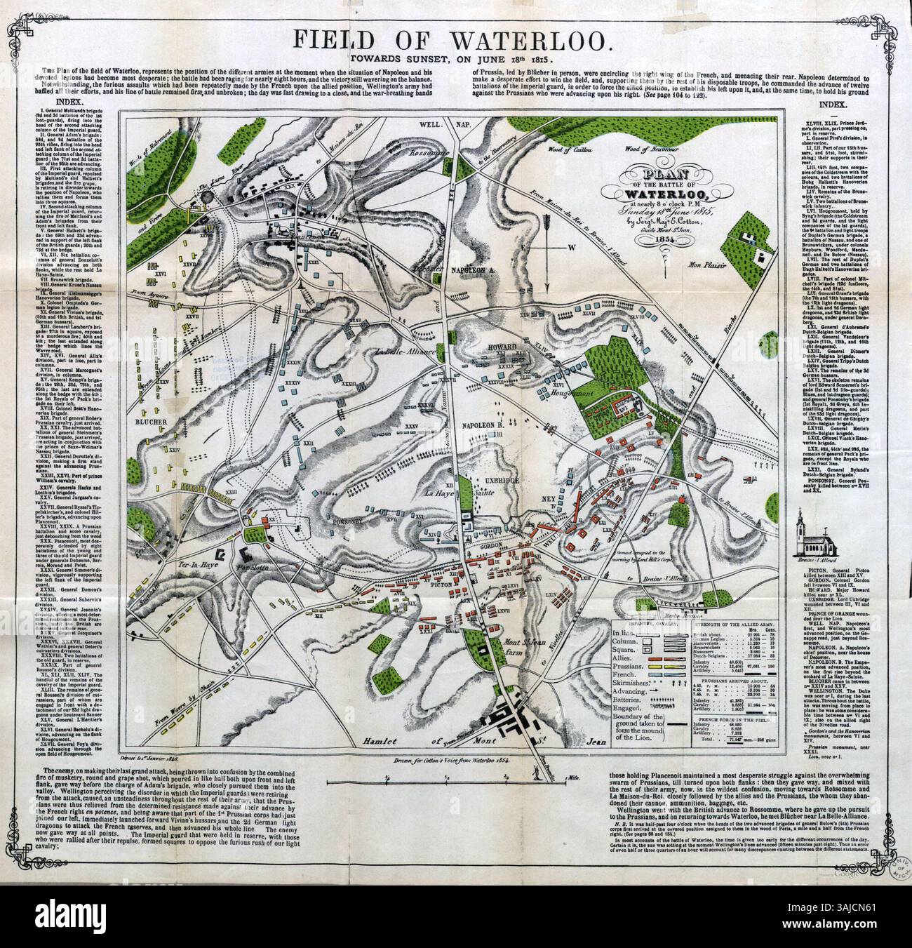 A detailed map of the Battle of Waterloo, showing the positions and ...