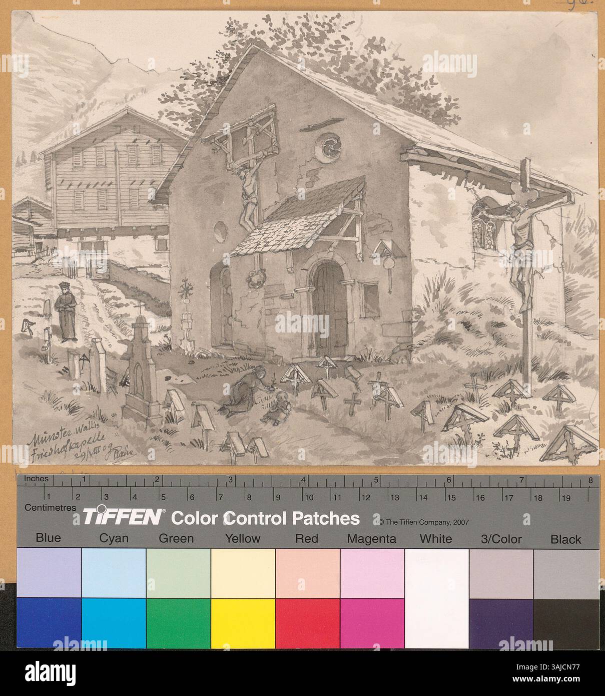 Depicts the cemetery chapel (Johannes Chapel) in the foreground, with ...