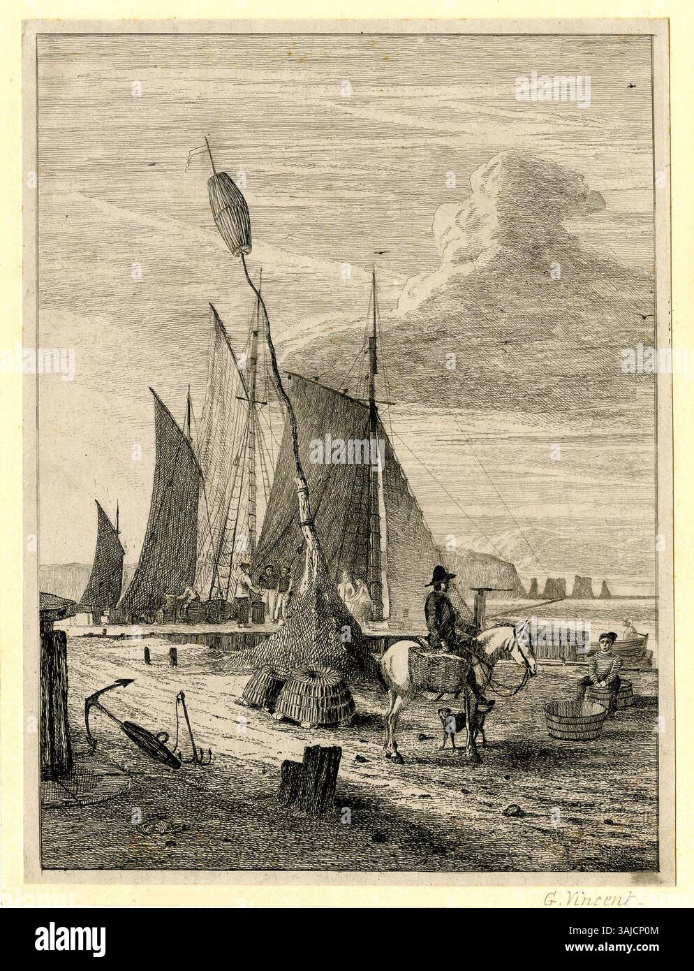 This undated etching by George Vincent depicts a harbour scene ...