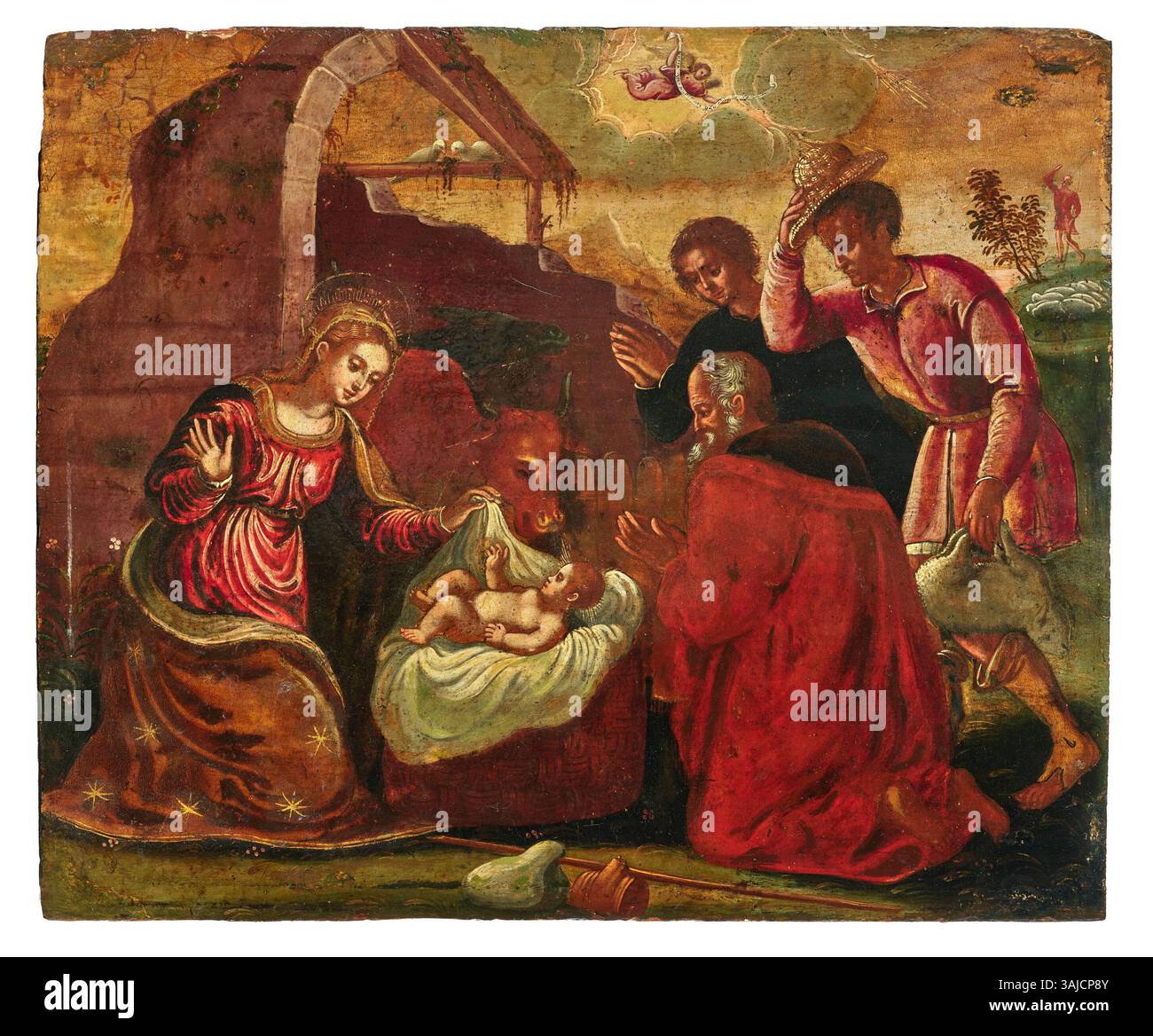 This 16th-century oil on wood painting depicts the Adoration of the Shepherds, an important ...