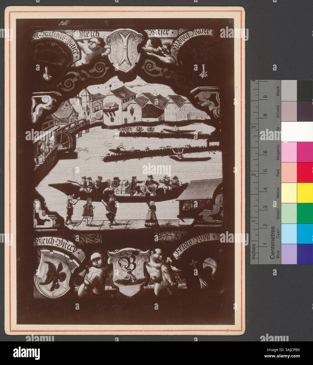 The image shows a glass painting from 1581 depicting the Börse (Stock ...