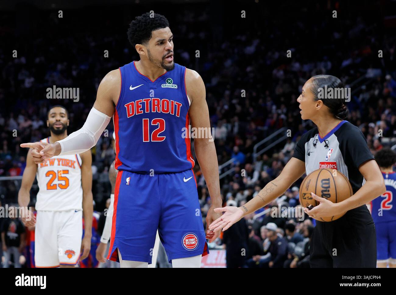 Detroit Pistons forward Tobias Harris (12) complains to referee Sha'Rae ...