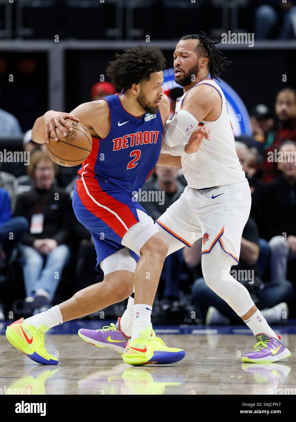 Detroit Pistons guard Cade Cunningham (2) is stopped going to the basket by New York Knicks ...