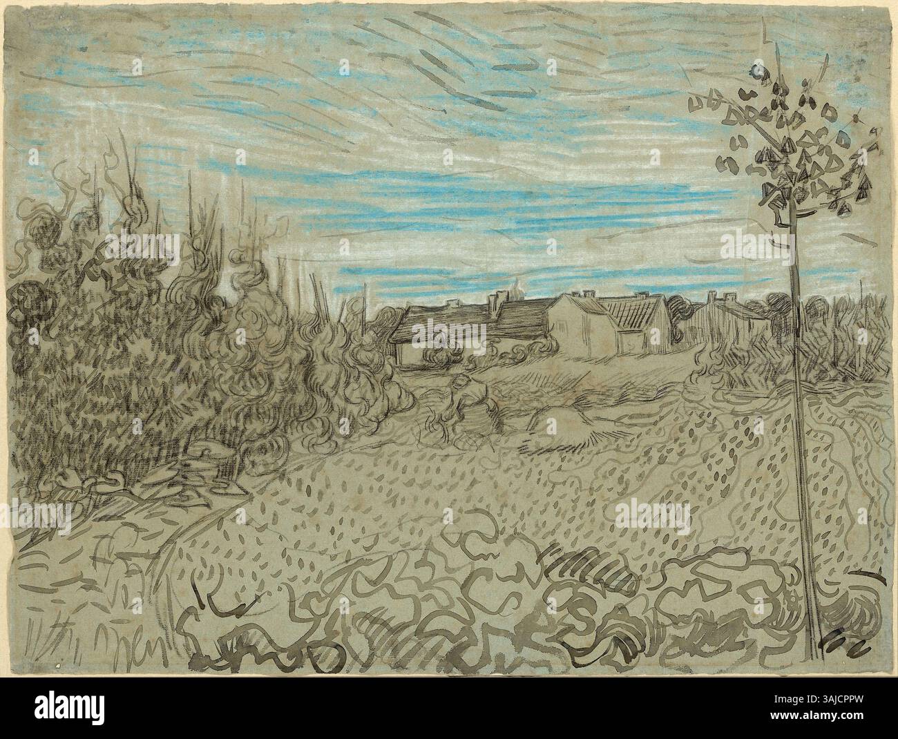 This 1890 drawing by Vincent van Gogh shows cottages with a woman ...