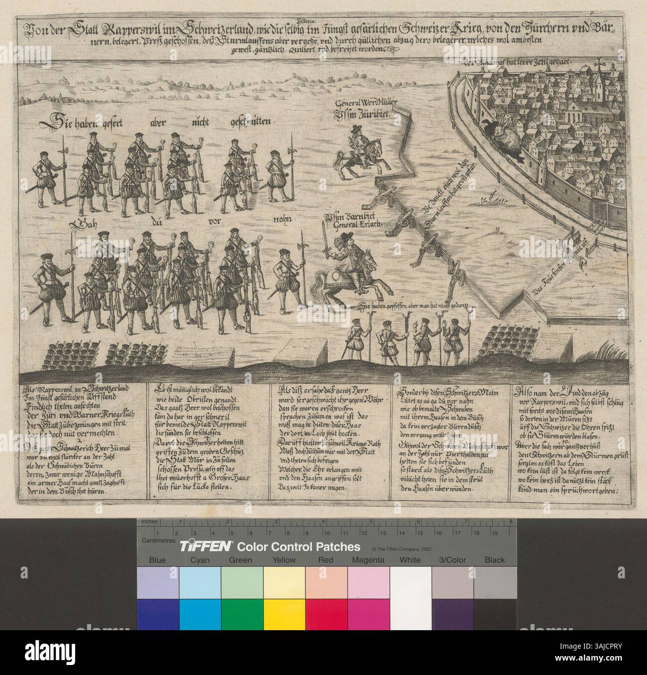 An etching from 1656-1660 depicting the siege of Rapperswil during the ...