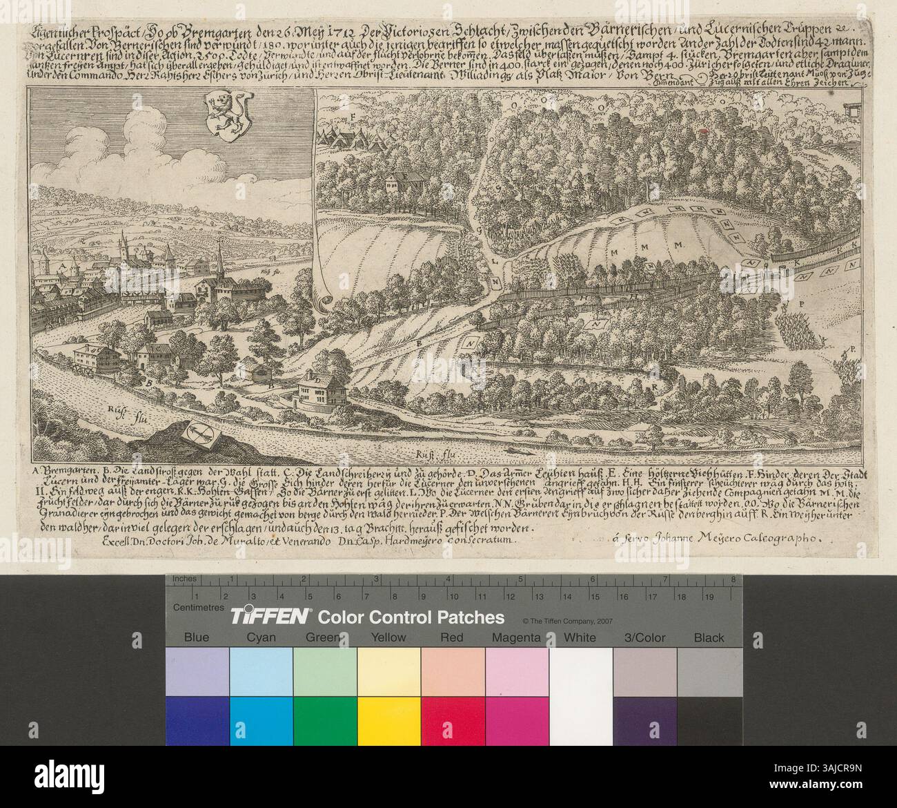 A 1712 etching depicting the victorious battle near Bremgarten between ...