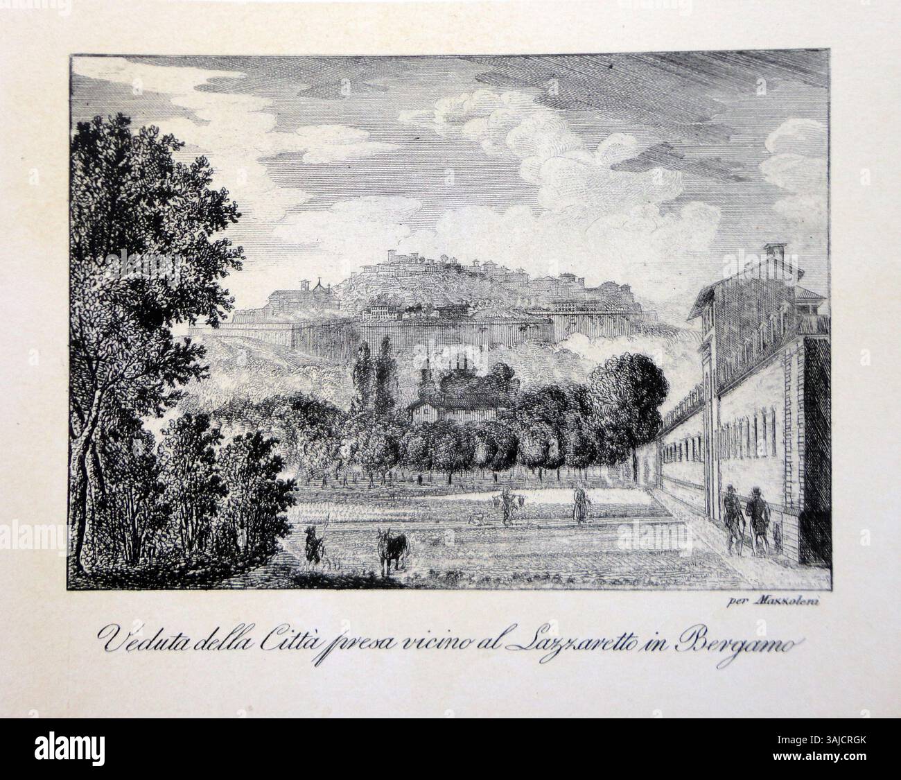This print by Giuseppe Berlendis shows Bergamo from the northern side ...