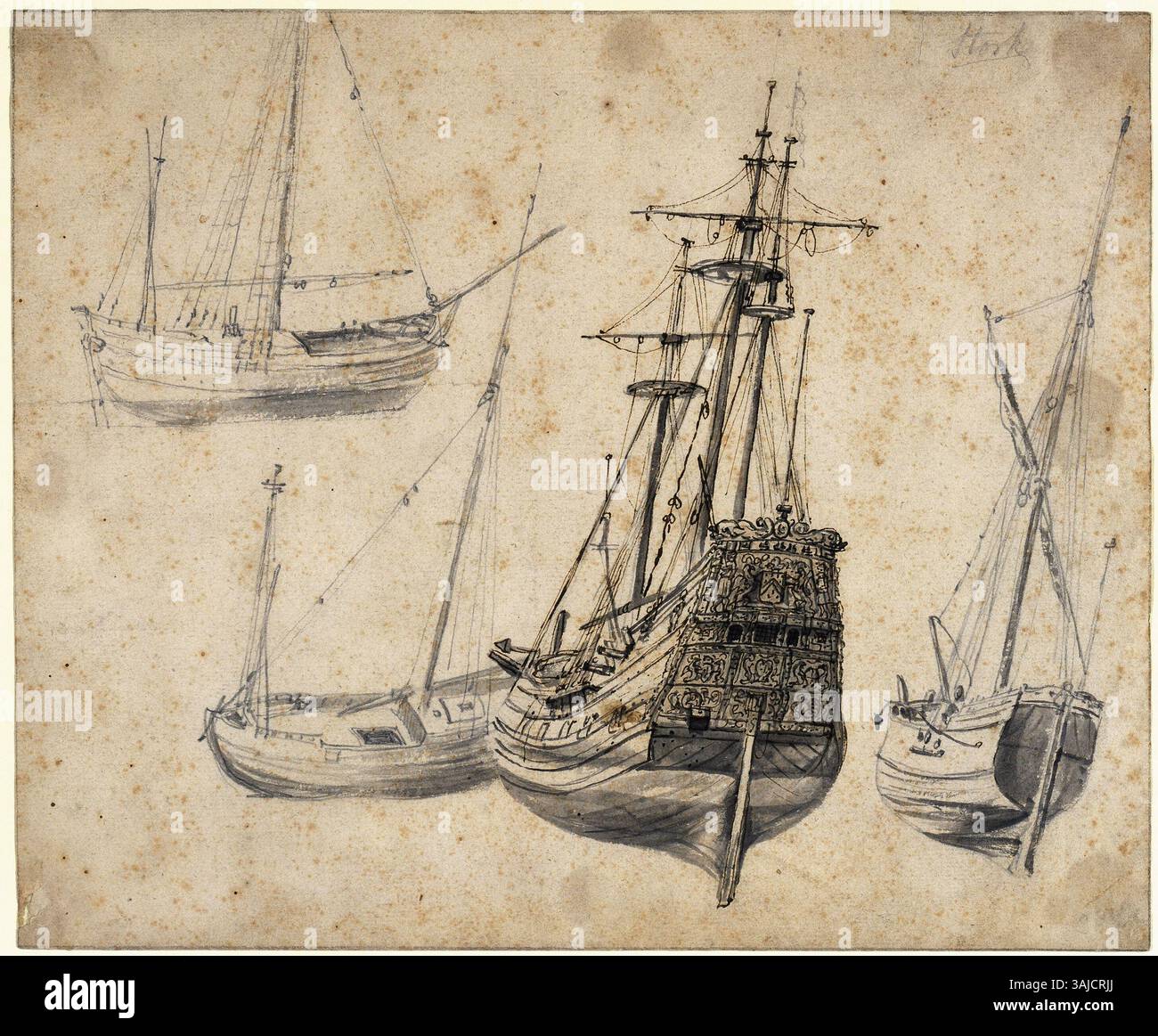 This study sheet by Abraham Casembroot features a three-master ship and ...