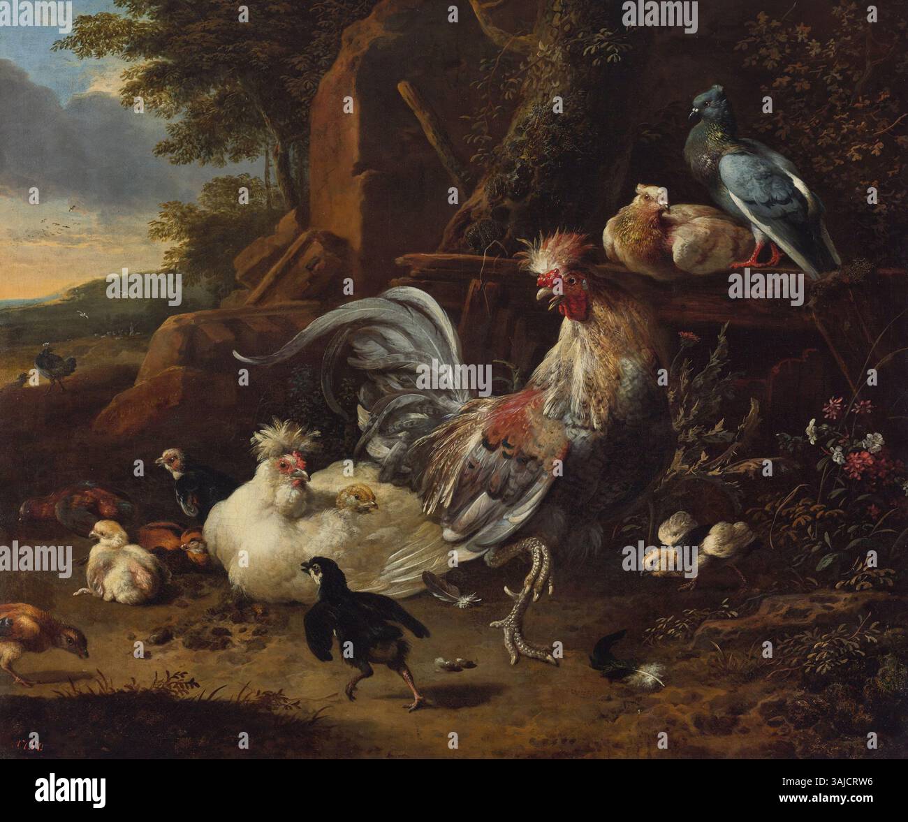 This painting by Melchior d'Hondecoeter depicts a rooster, hens, and ...
