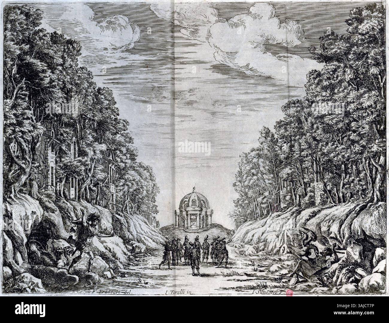 This 1654 engraving by Giacomo Torelli portrays Act II, scene 1 of ...