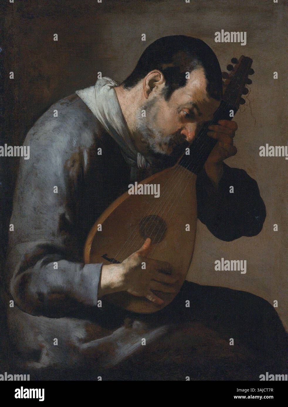 A painting titled 'The Sense of Hearing: A Man Playing a Lute' by the ...