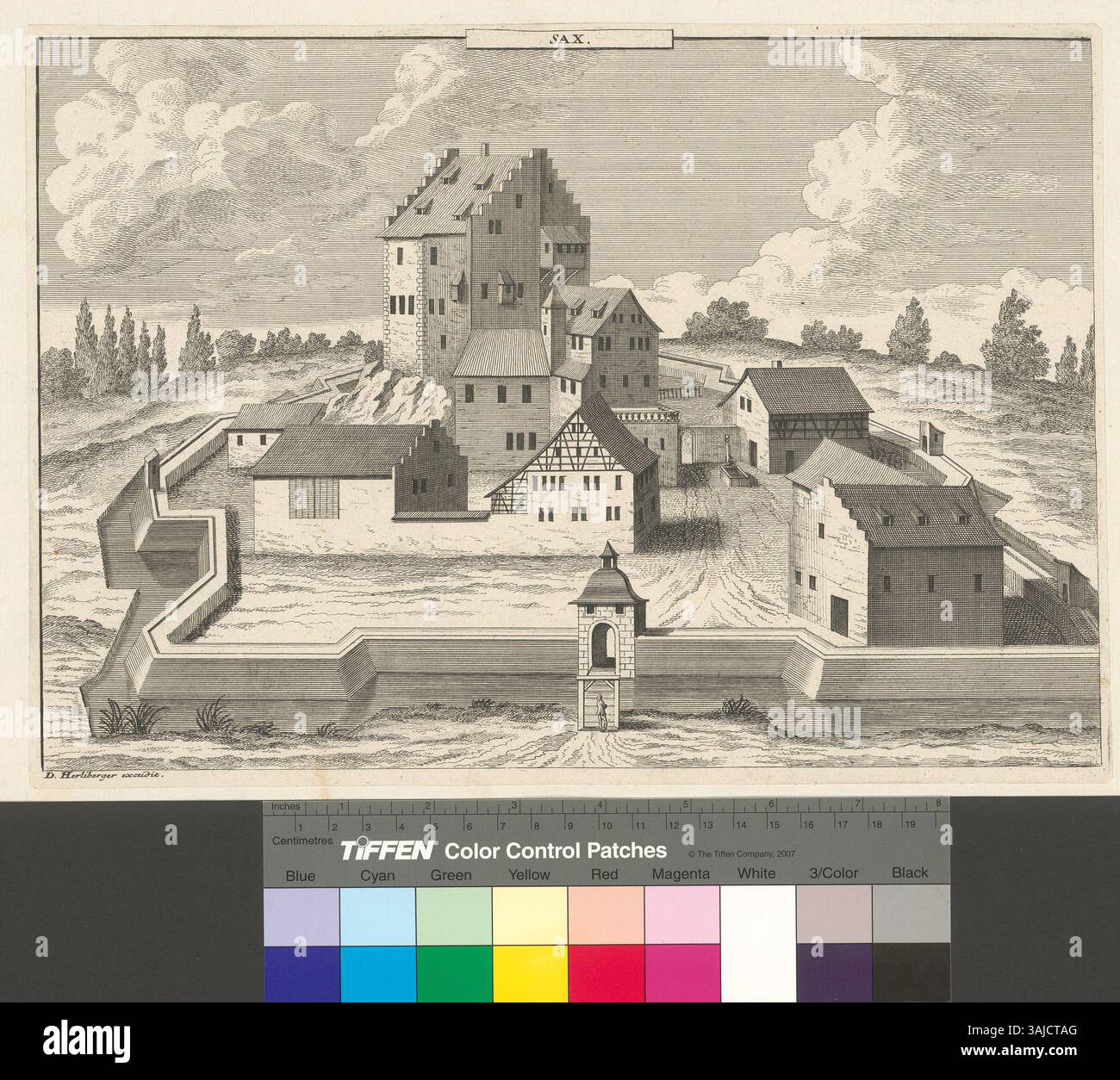 An etching from 1740 depicting the Sax Castle in Forstegg, part of ...