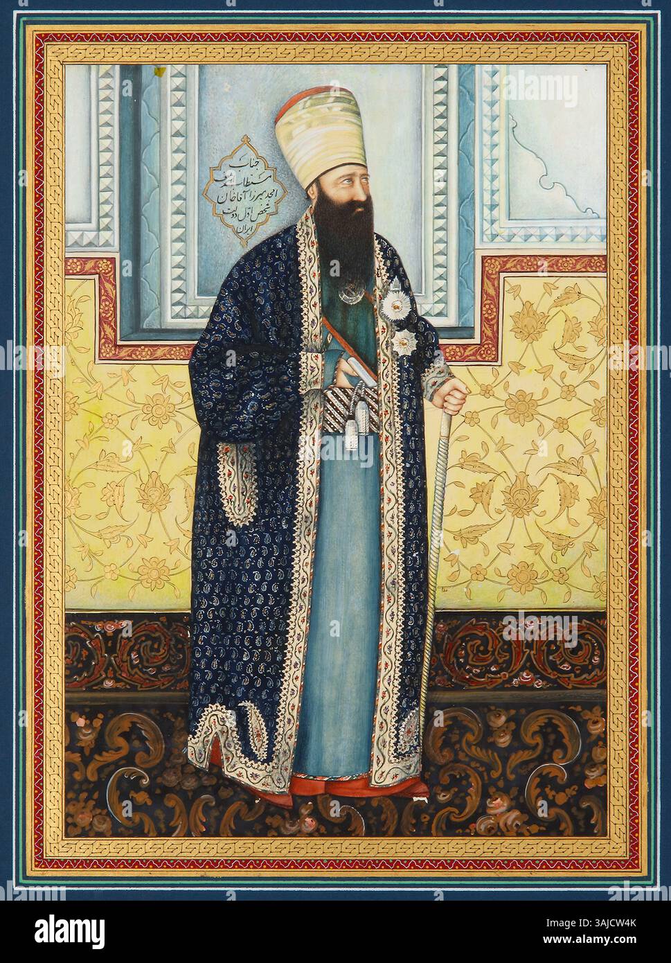 This Qajar-era gouache painting depicts Mirza Aqa Khan Nuri, a notable ...