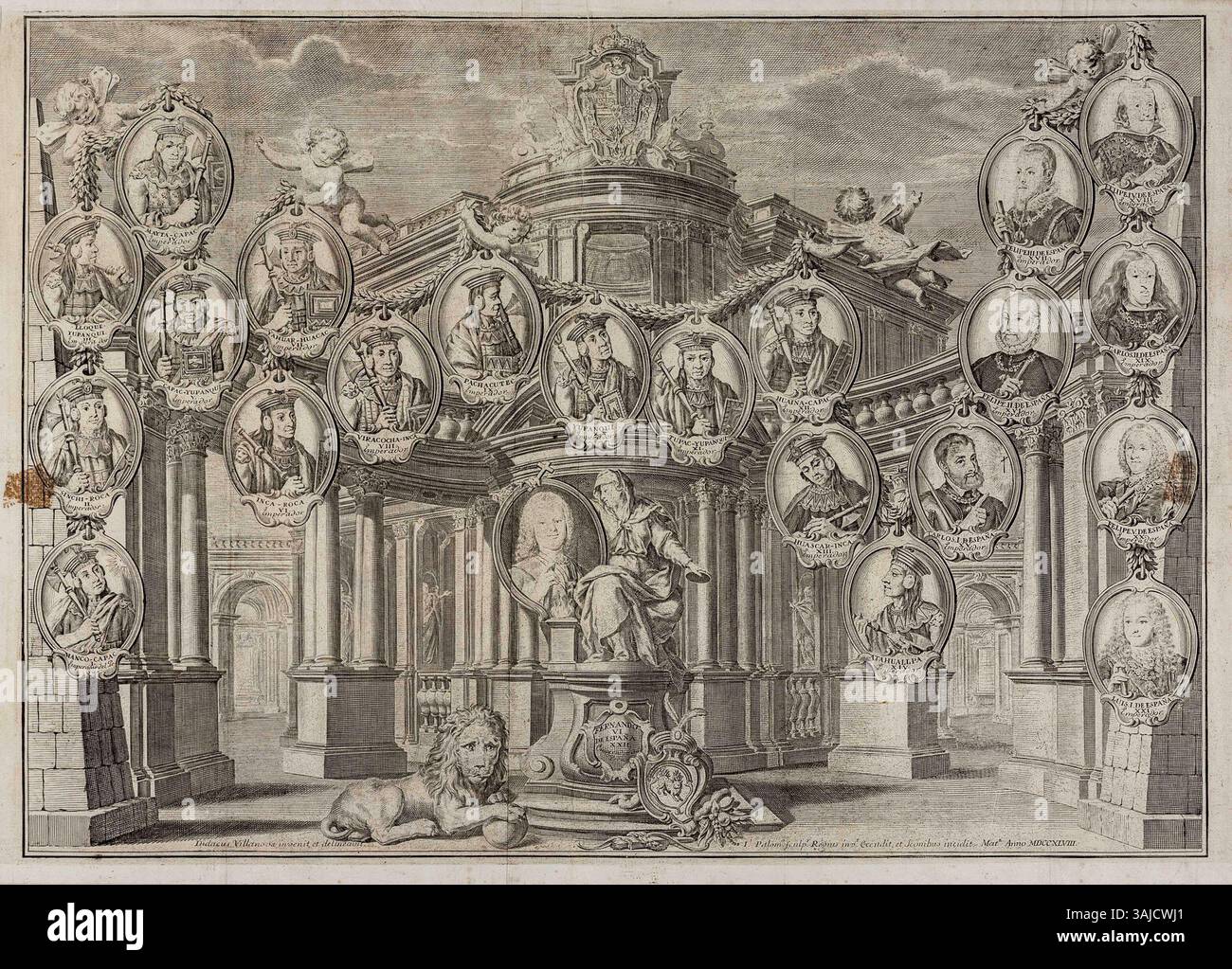 Engraving depicting the succession of Inca rulers and kings of Peru ...