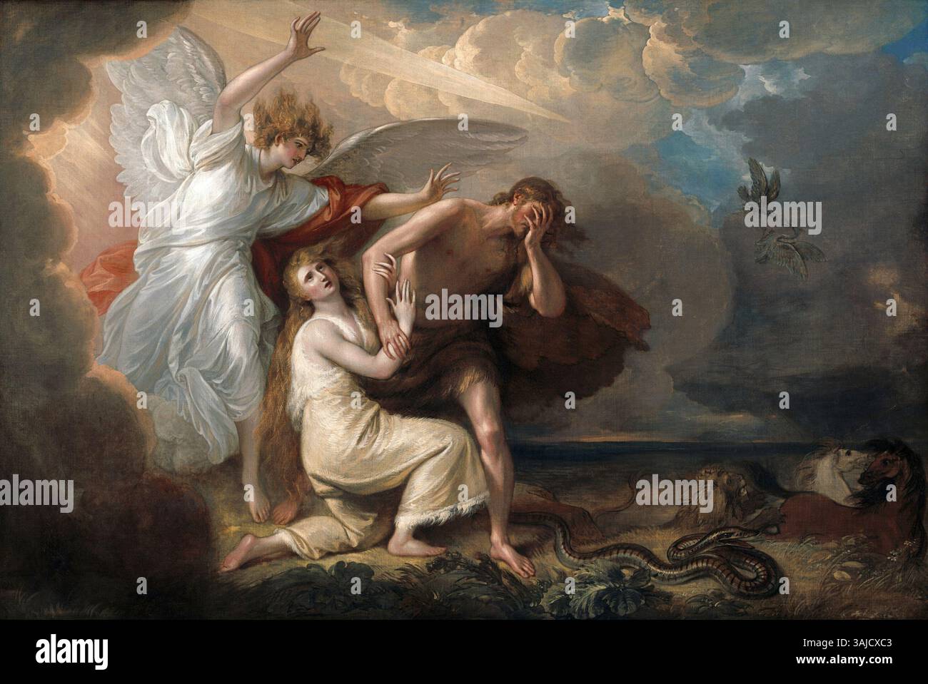 The Expulsion of Adam and Eve from Paradise, painted in 1791 by Benjamin West, is an oil on ...