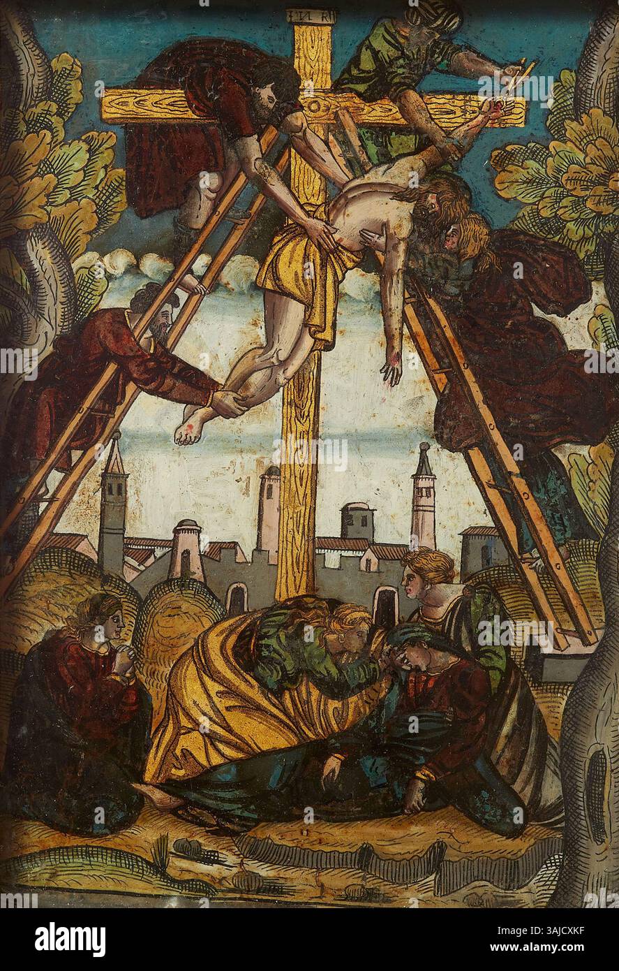 This 16th-century glass painting in the Eglomisé technique shows the ...