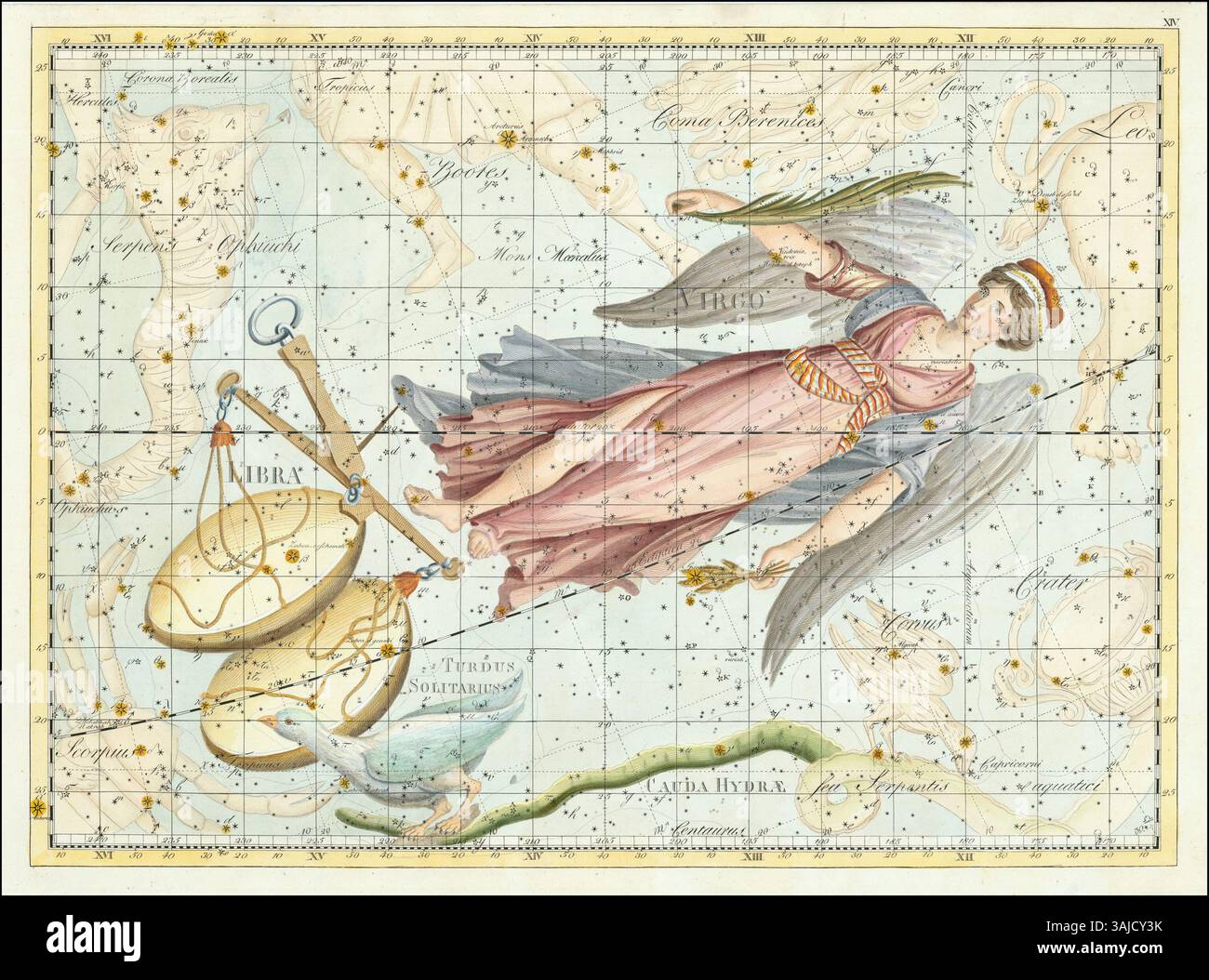 An astronomical star chart illustrating the constellations Virgo and ...